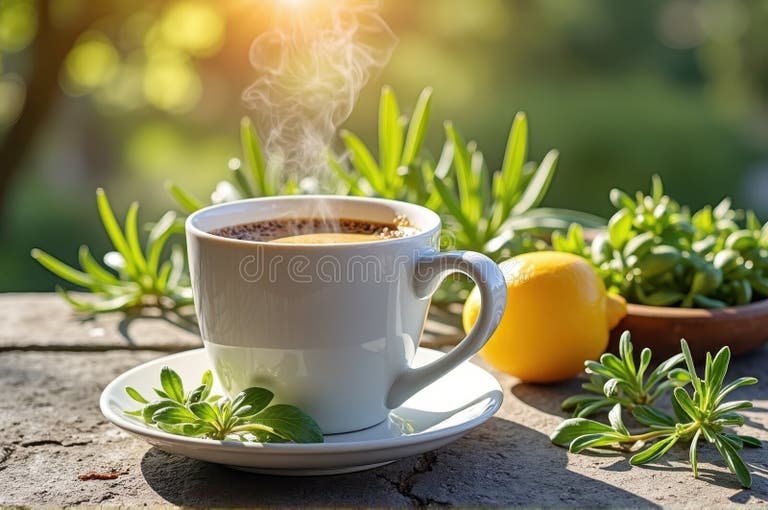 Steaming Coffee Cup with Fresh Herbs and Lemon in Sunlit Garden Setting ...