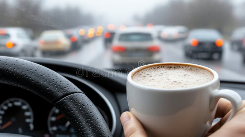 Steaming Coffee Cup Held by a Driver in a Rainy Traffic Jam, AI Stock ...