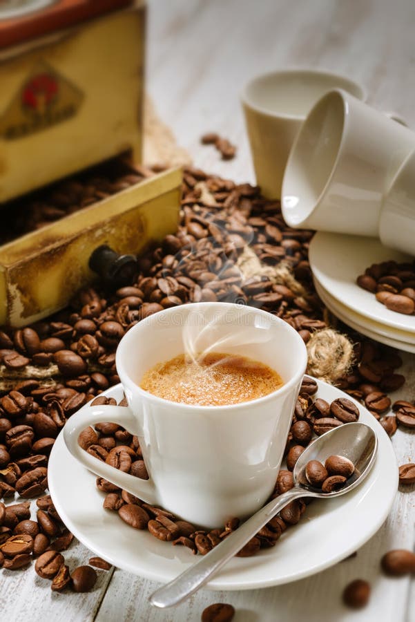 Steaming Hot Cups Of Coffee With Roasted Beans Stock Image - Image of ...