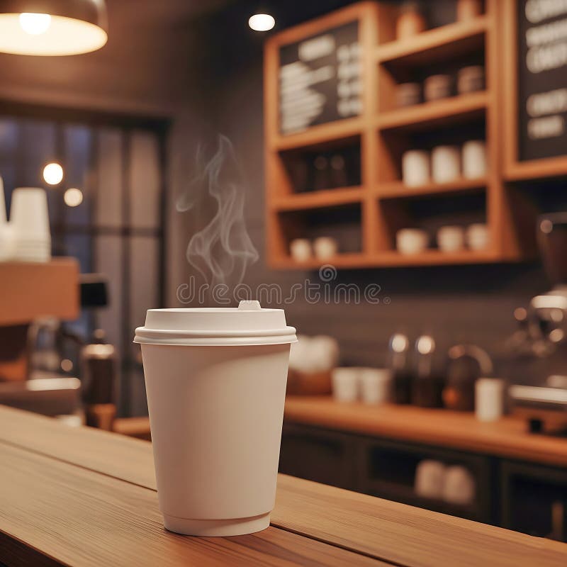 Steaming Coffee Cup Mockup on Counter in Cozy Cafe Setting Stock ...