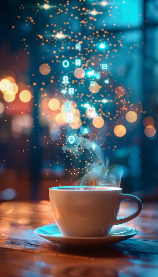 Steaming Coffee Cup on Modern Desk with Holographic Ai Interface for ...