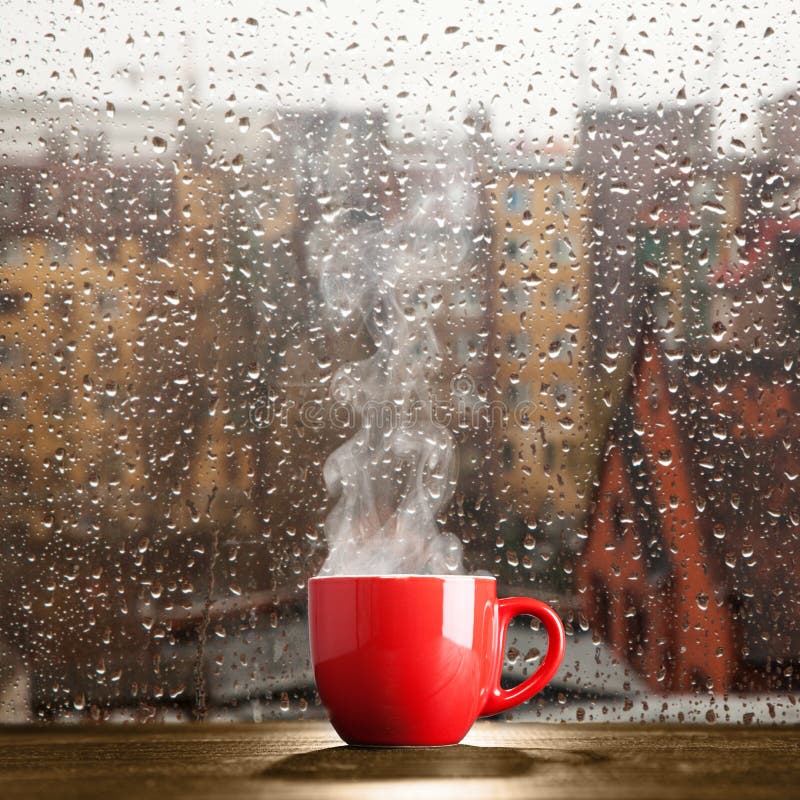 Coffee Cup Against Window with Rainy Day View Stock Image - Image of ...