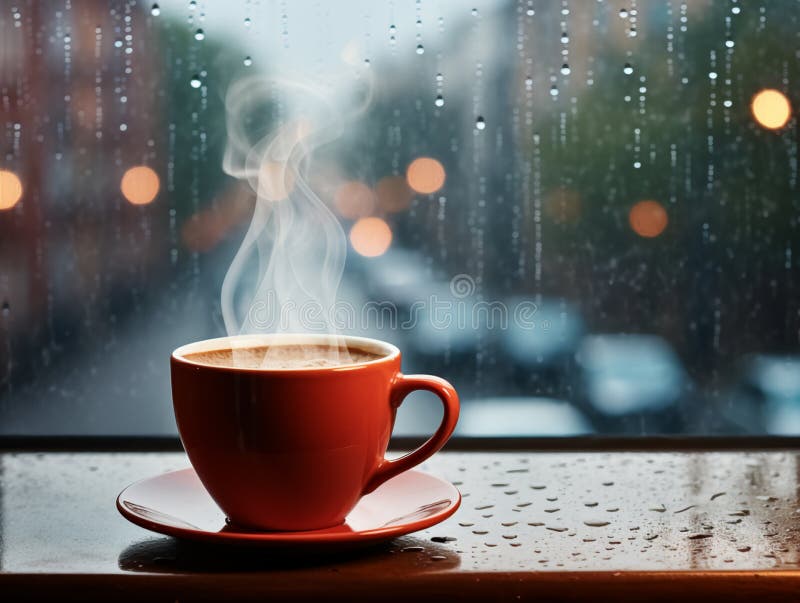 Steaming Coffee Cup on a Rainy Day Window Background, AI Generative ...