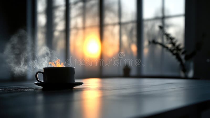 Steaming Coffee Cup Table Sunrise Large Windows Stock Photos - Free ...