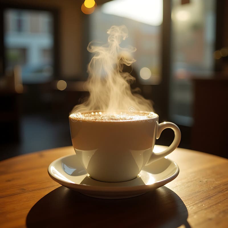 Steaming Coffee Cup on Wooden Table with Sunlit Background Stock ...