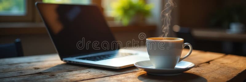 Steaming Coffee beside Laptop on Rustic Wooden Table , Desk, Texture ...