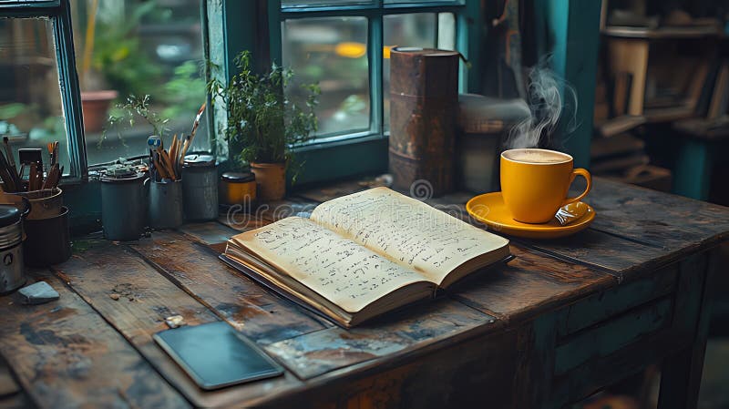 Steaming Coffee, Open Journal, Rustic Desk, Window View, Creative ...