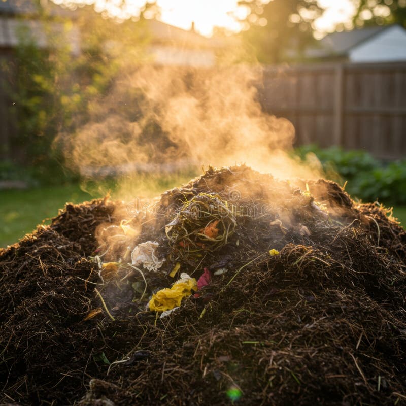 Steaming Compost Pile at Sunset in Backyard Stock Illustration ...