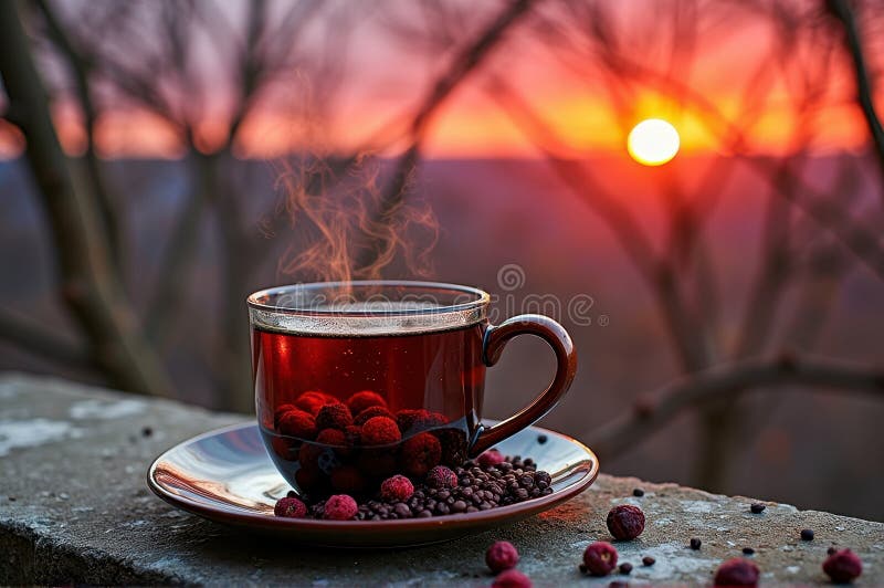 Steaming Cup of Berry Tea at Sunset on Rustic Balcony Stock Image ...