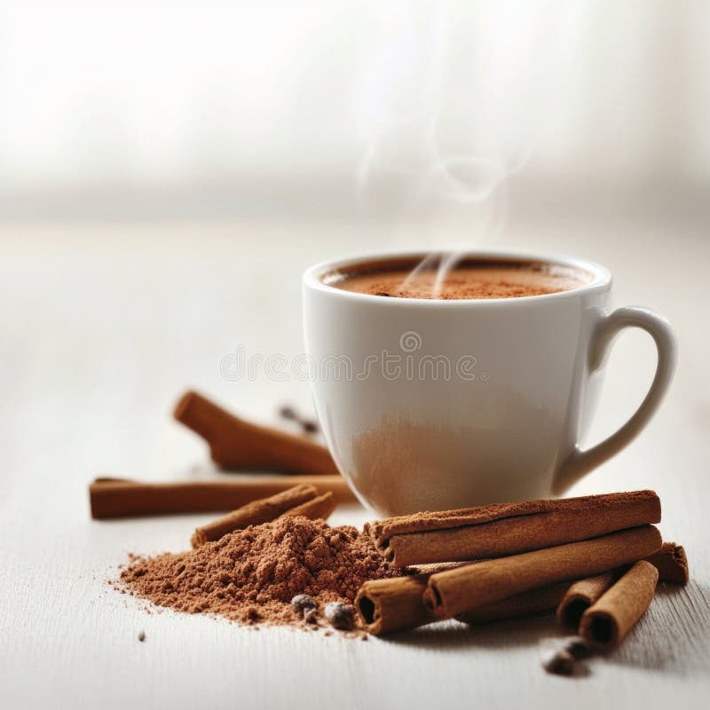 Steaming Cup of Cocoa with Cinnamon Sticks and Powder on Table Stock ...