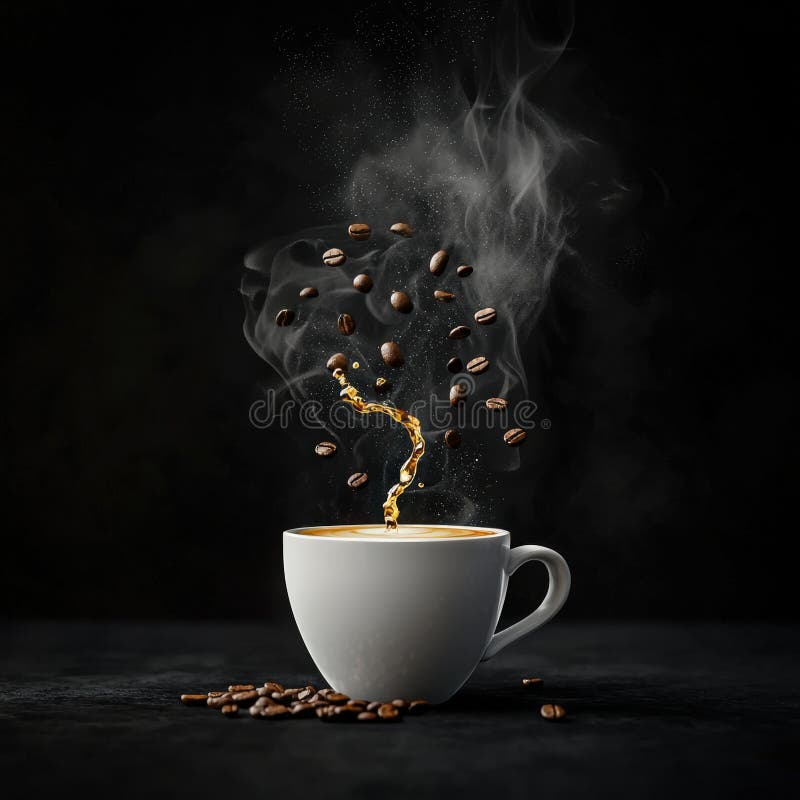 A Steaming Cup of Coffee with Flying Coffee Beans Creates a Mesmerizing ...