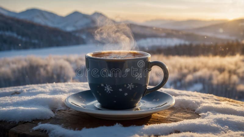 A Steaming Cup of Coffee on a Snowy Table with Mountains in the ...