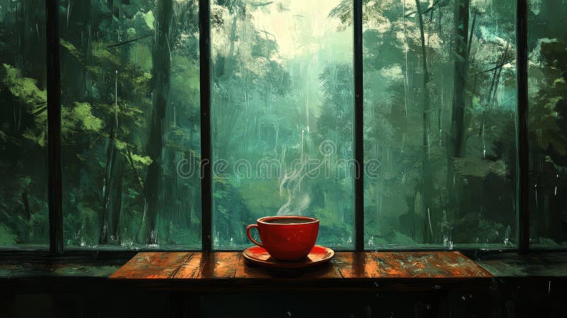 Steaming Cup of Coffee on Wooden Ledge with Forest View Stock Photo ...
