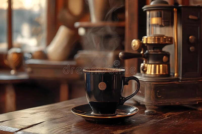 Steaming Cup of Coffee on Wooden Table in Cozy Rustic Cafe Setting ...