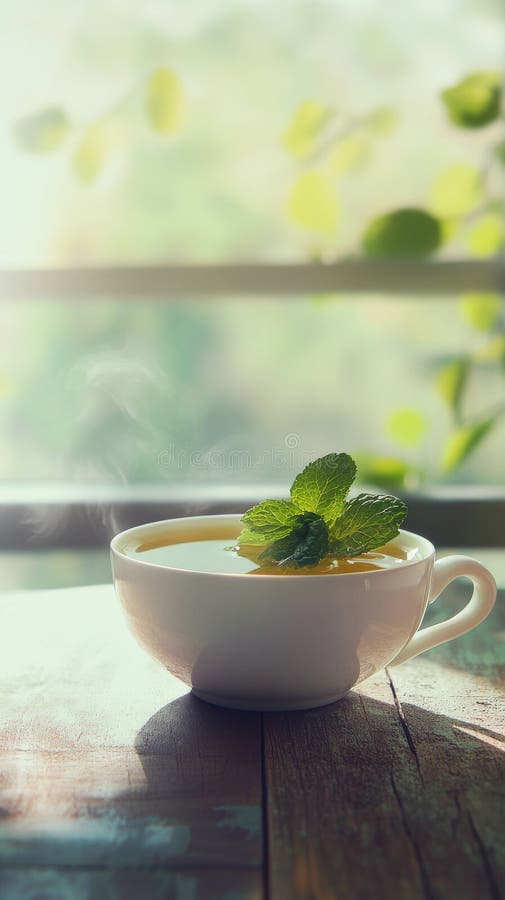 Steaming Cup of Mint Tea on Wooden Table with Sunlight, Relaxation and ...