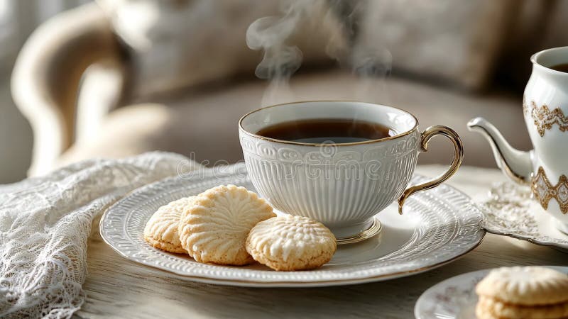 Steaming Cup of Tea with Biscuits on an Elegant Plate in a Cozy Setting ...