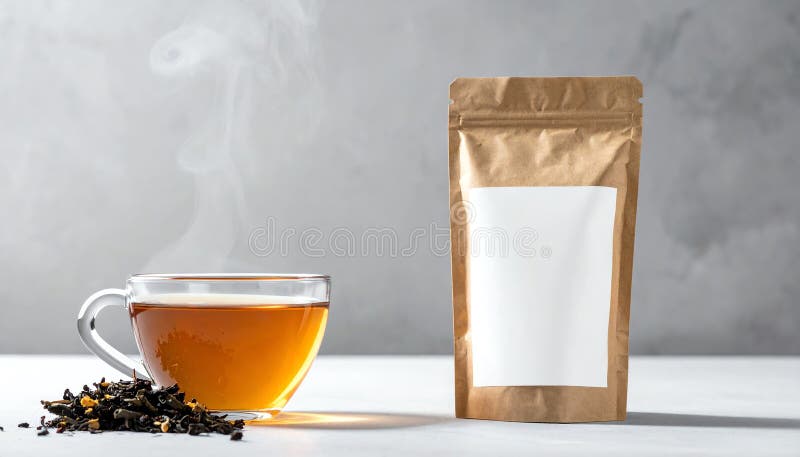 Steaming Cup of Tea with Blank Packaging Mockup Stock Image - Image of ...
