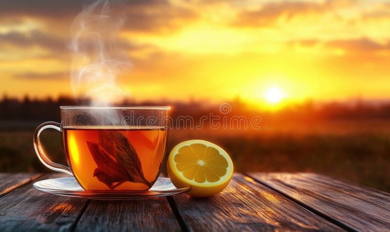 Steaming Cup of Tea with Lemon Slice Against Beautiful Sunset Backdrop ...