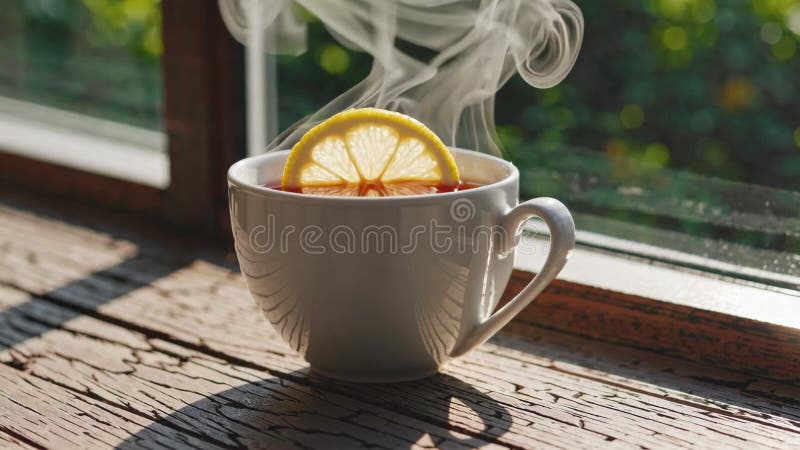 Steaming Cup of Tea with Lemon Slice by Rustic Window. Cozy Morning ...