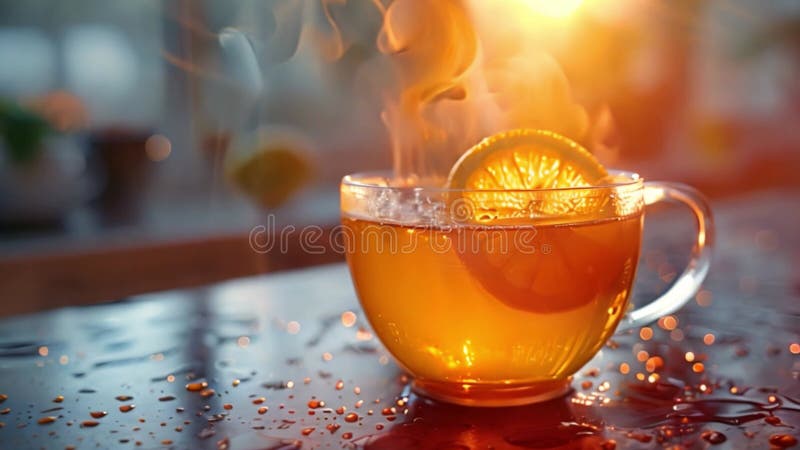Steaming Cup of Tea with Lemon Slice on a Table Stock Video - Video of ...