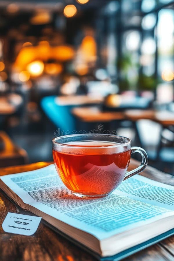 Steaming Cup of Tea and Open Book with Blurred Cafe Background ...