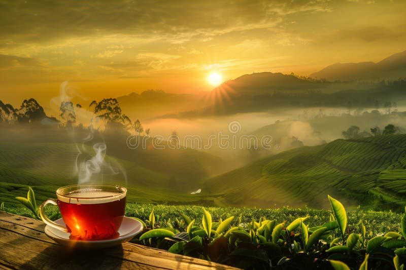Steaming Cup of Tea Overlooking a Breathtaking Sunrise Over Lush Tea ...