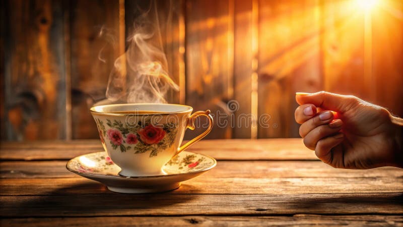 A Steaming Cup of Tea on a Rustic Wooden Table, Bathed in Warm Sunlight ...