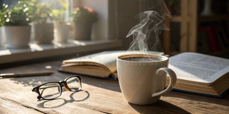 A Steaming Cup of Warm Coffee in a Simple White Ceramic Mug on a Wooden ...