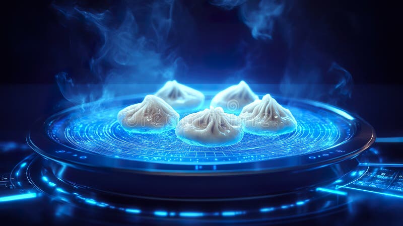 Steaming Dumplings on Futuristic, Glowing Blue Plate Create Captivating ...