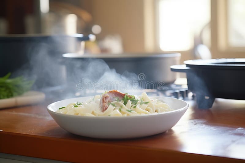 Steaming Fettuccine Alfredo Dish on a Kitchen Table Stock Image - Image ...