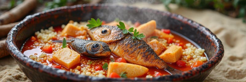 Steaming Fish Dish with Vegetables and Grains in Rustic Bowl Stock ...