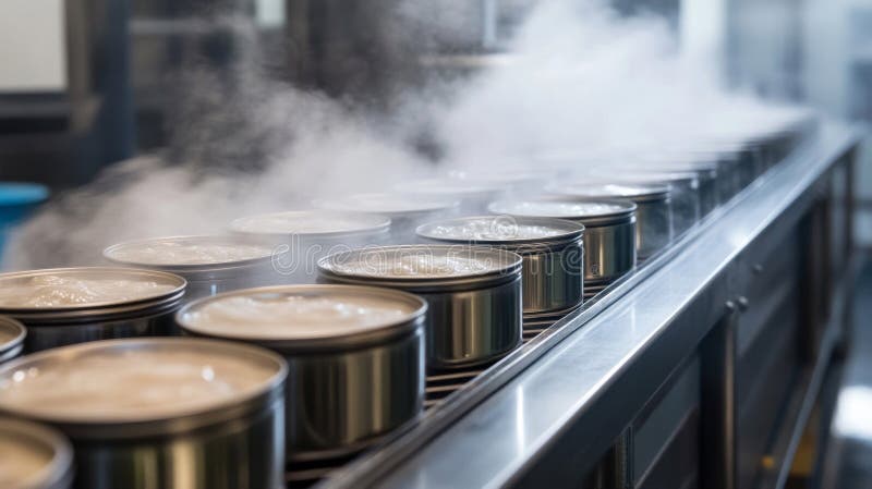 Steaming Food in Metal Containers on a Conveyor Belt Stock Illustration ...