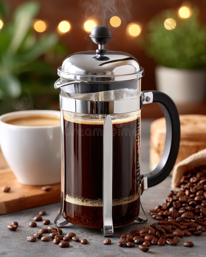 Steaming French Press Coffee with Cup and Coffee Beans in Cozy Setting ...