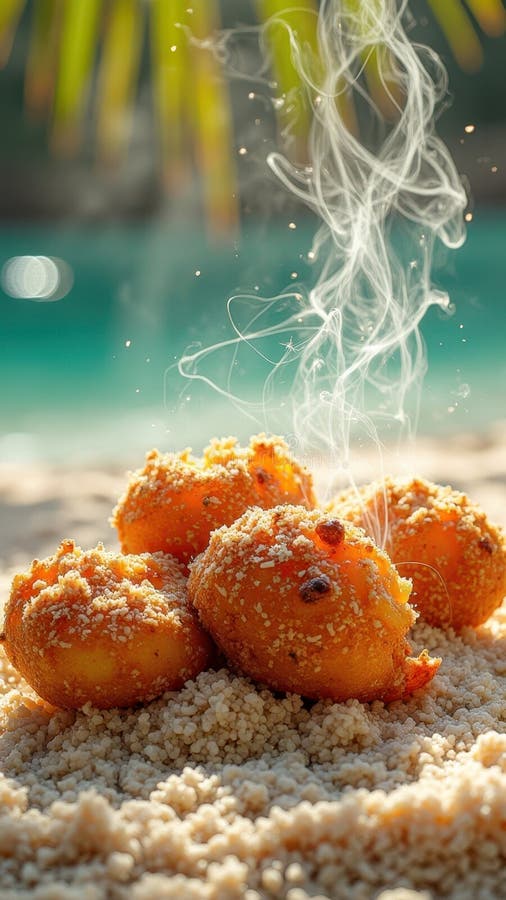 Steaming Fresh Fried Dumplings on Beach Sand with Palm Fronds in ...