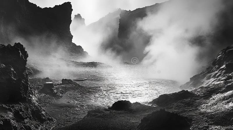 A Steaming Geothermal Hot Spring Surrounded by Rocky Terrain and Rising ...