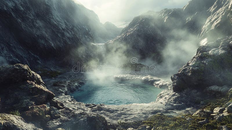 A Steaming Geothermal Hot Spring Surrounded by Rocky Terrain and Rising ...