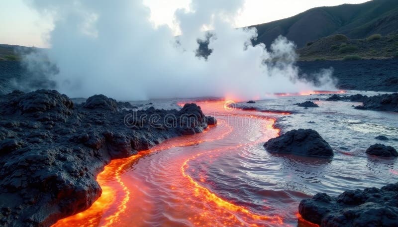 Steaming Geothermal Water Flows Over Volcanic Rocks , Pristine, Spa ...