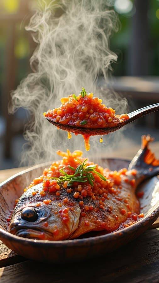 Steaming Grilled Fish with Tomato Sauce and Herbs on Rustic Platter ...