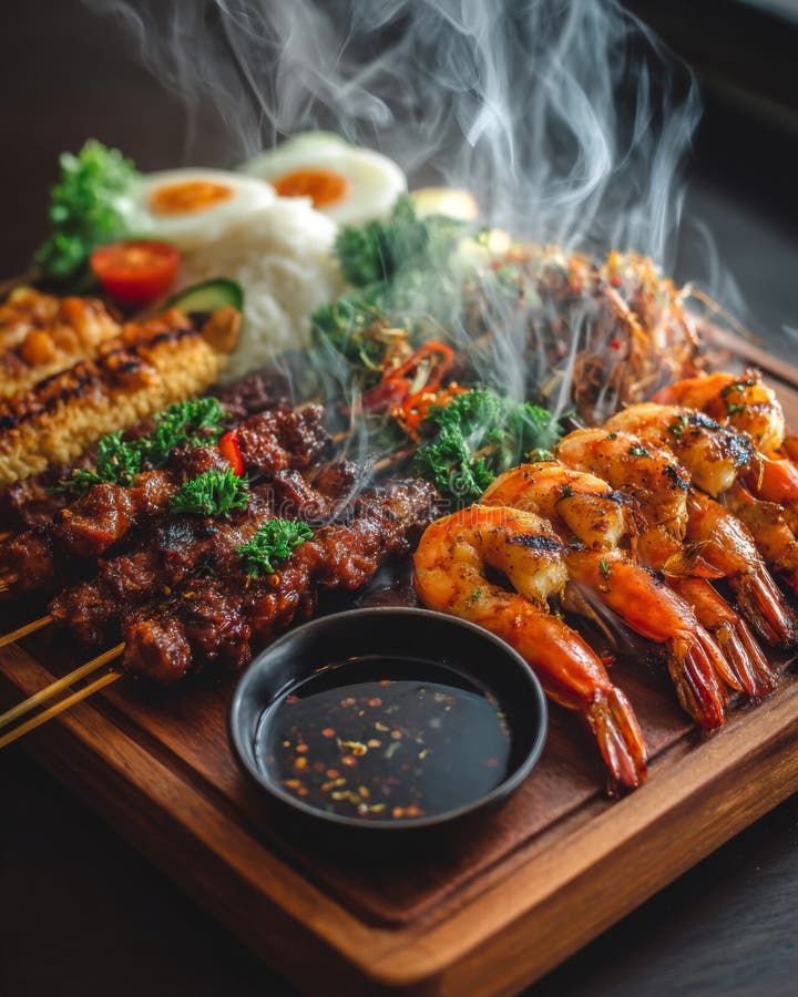 Steaming Grilled Seafood and Meat Platter with Rice and Sauce Stock ...