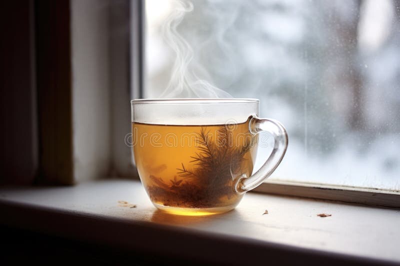Steaming Herbal Tea in a Clear Teacup on a Frosty Window Ledge Stock ...