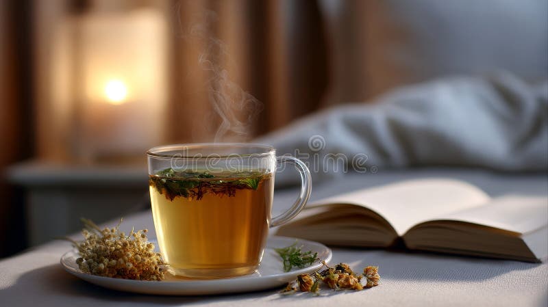 Steaming Herbal Tea with Open Book on Cozy Bedside Nightstand Stock ...
