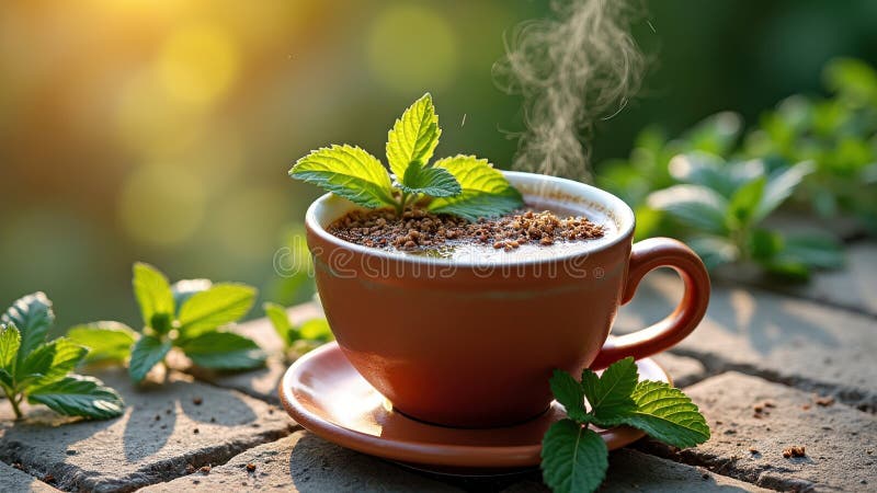 Steaming Herbal Tea in Rustic Cup with Fresh Mint Leaves Outdoors Stock ...