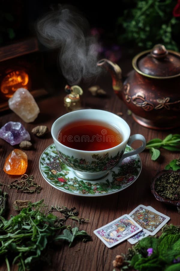 Steaming Herbal Tea with Tarot Cards and Crystals in Rustic Setting ...
