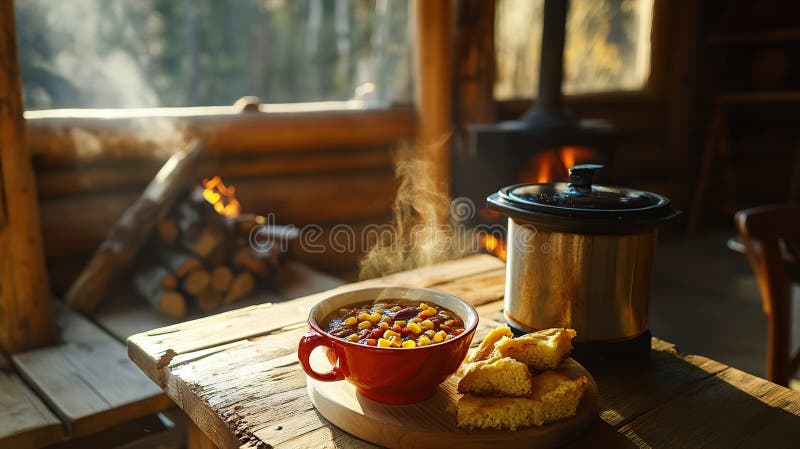 Steaming Hot Chili in a Rustic Cabin Setting with Bread Stock Image ...