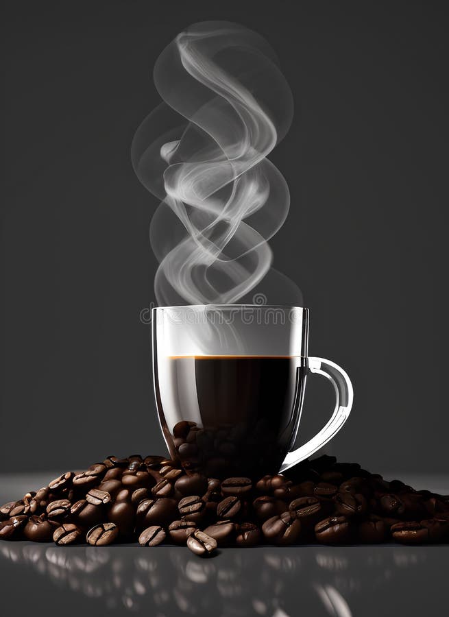 Steaming Hot Coffee and Lots of Coffee Beans. Stock Photo - Image of ...