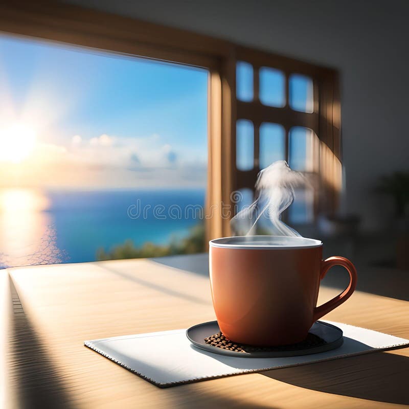 Steaming Hot Coffee in the Morning Sun with an Ocean View Stock ...