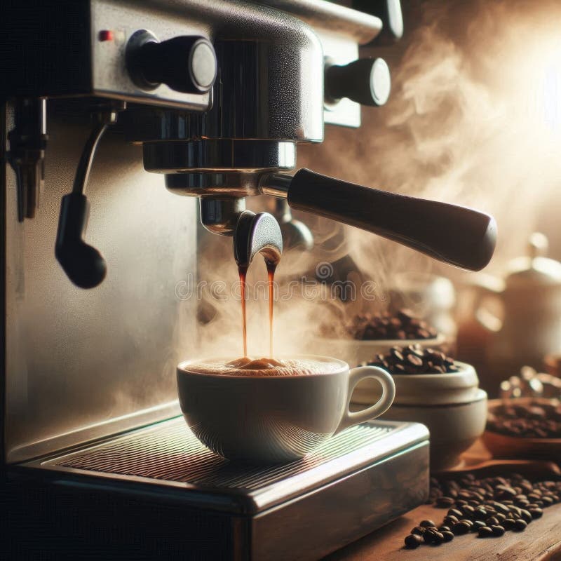 Steaming Hot Coffee Pouring from a Well-worn Coffee Machine, Delivering ...