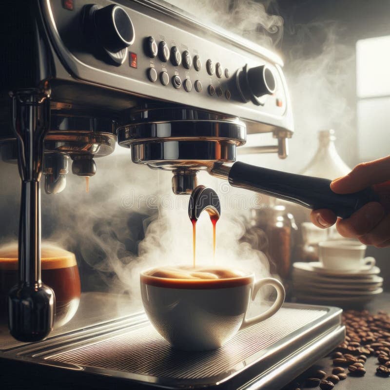 Steaming Hot Coffee Pouring from a Well-worn Coffee Machine, Delivering ...