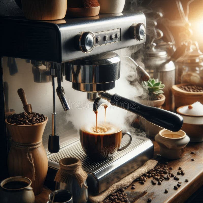 Steaming Hot Coffee Pouring from a Well-worn Coffee Machine, Delivering ...
