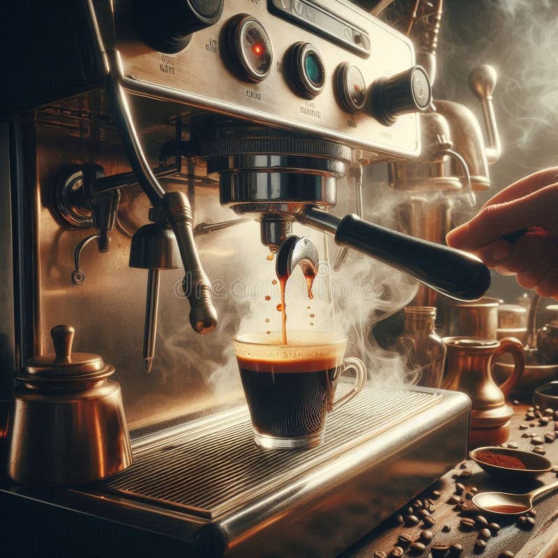 Steaming Hot Coffee Pouring from a Well-worn Coffee Machine, Delivering ...